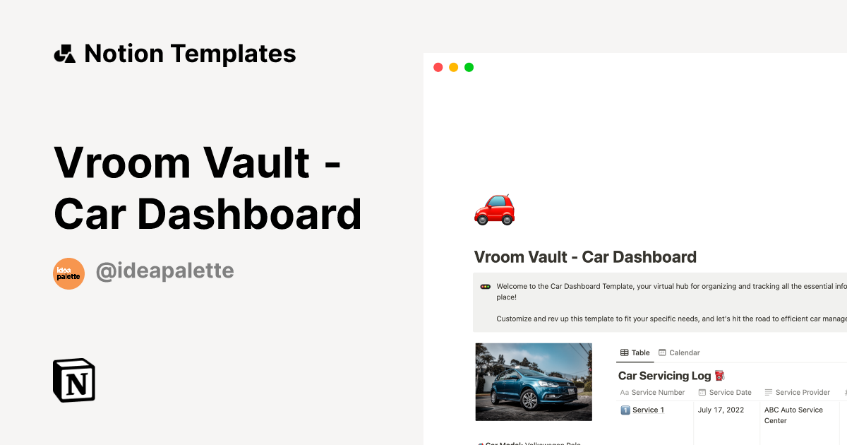 Vroom Vault - Car Dashboard Template by Idea Palette | Notion Marketplace