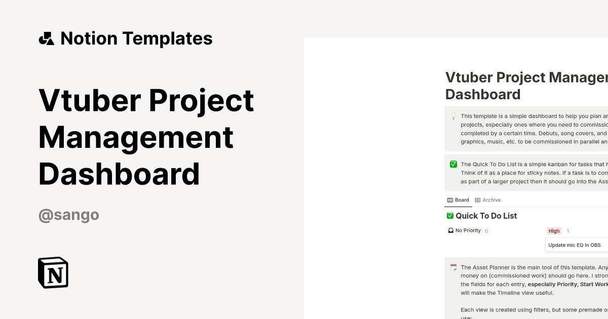 Vtuber Project Management Dashboard Template by sango | Notion Marketplace