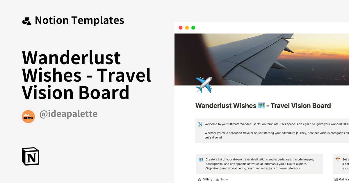 Wanderlust Wishes - Travel Vision Board Template by Idea Palette | Notion Marketplace