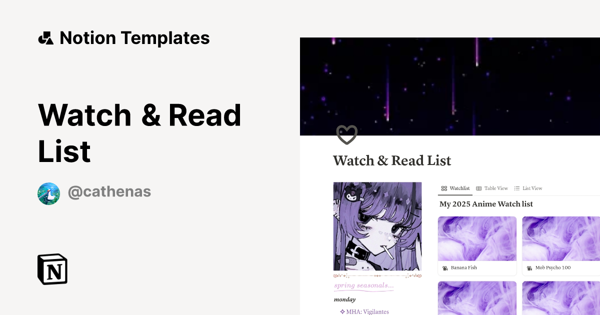 Watch & Read List Template by cathenas | Notion Marketplace