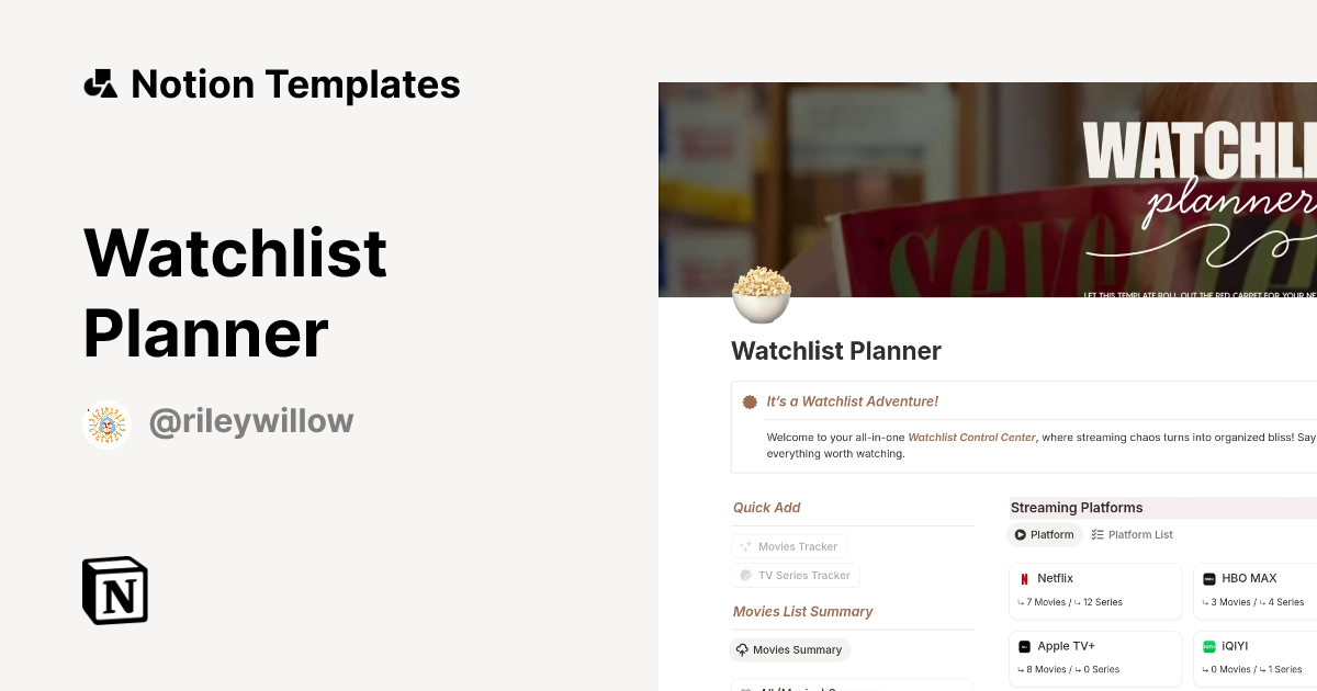 Watchlist Planner Template by Riley Willow | Notion Marketplace