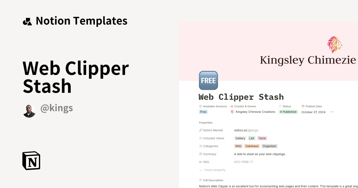 Web Clipper Stash Template by Kingsley | Notion Marketplace