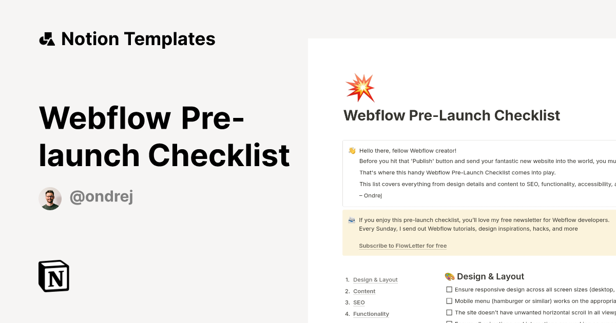 Webflow Pre-launch Checklist Template by Ondrej Prostrednik | Notion ...