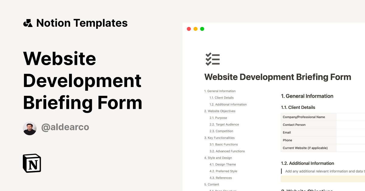 Website Development Briefing Form Template | Notion Marketplace