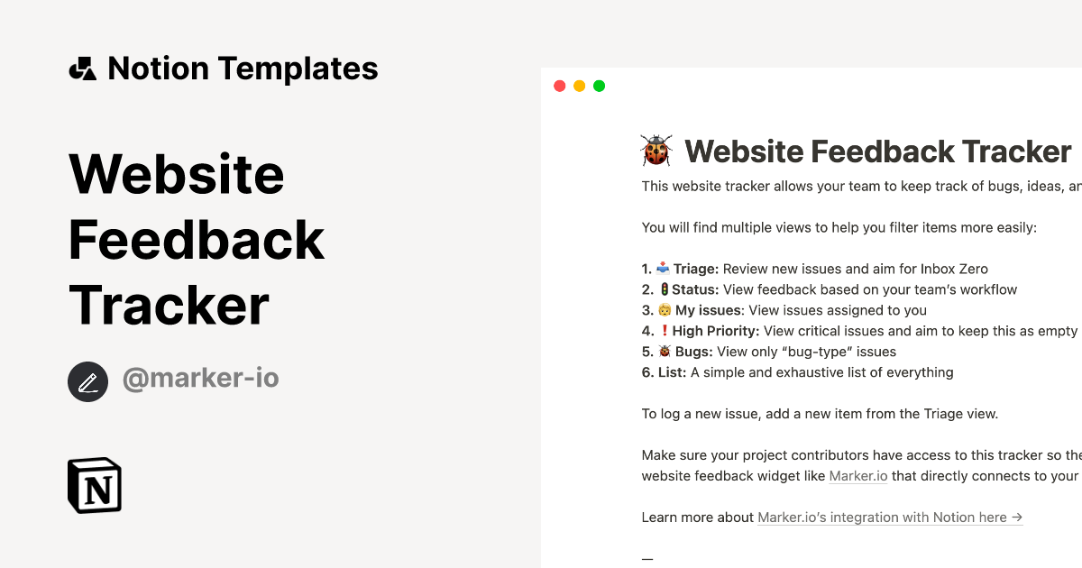 Website Feedback Tracker Template by Marker.io | Notion Marketplace
