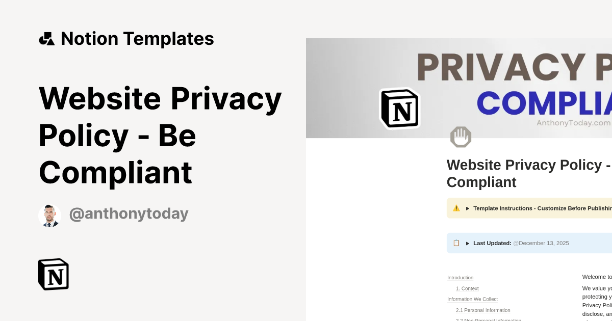Website Privacy Policy - Be Compliant Template | Notion Marketplace