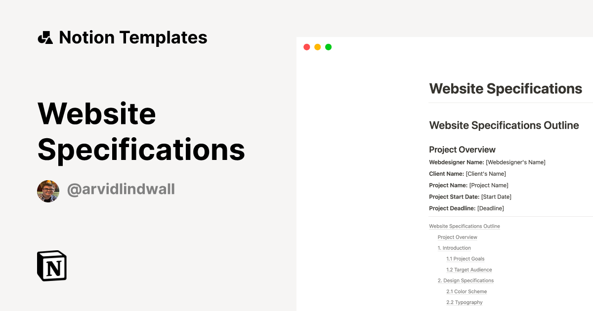 Website Specifications Template by Arvid Lindwall | Notion Marketplace