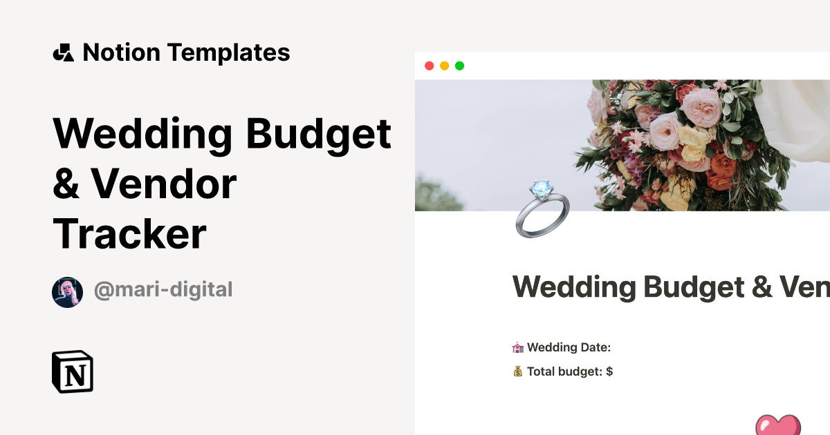 Wedding Budget & Vendor Tracker Template by Mari Digital | Notion Marketplace