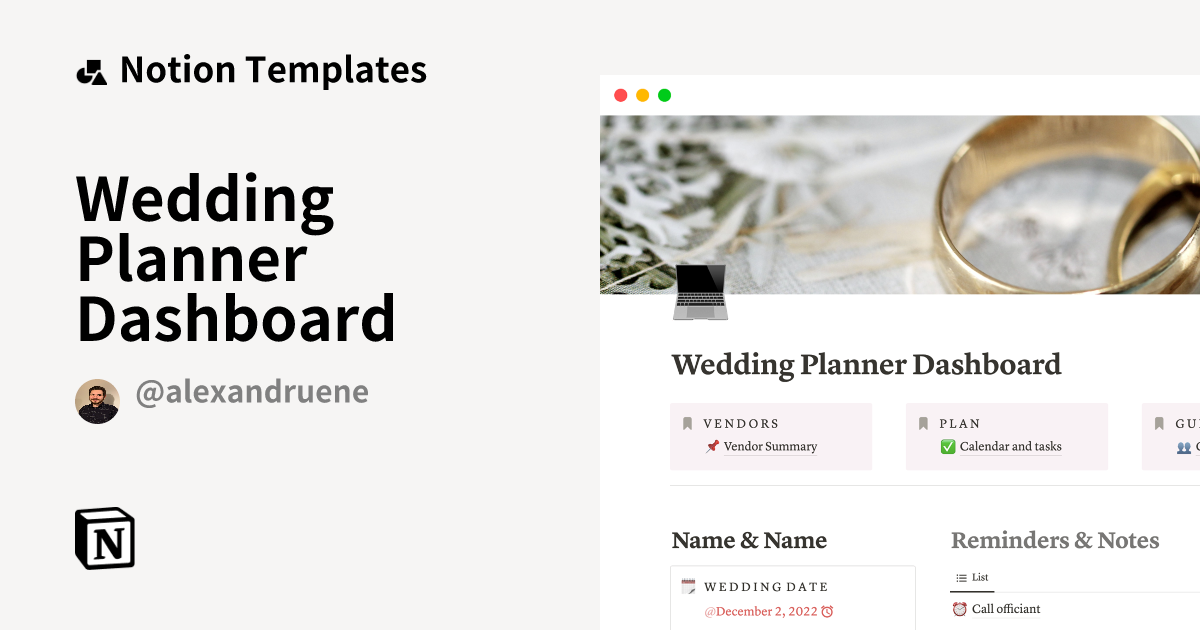 Wedding Planner Dashboard Template by Alexandru Ene | Notion Marketplace