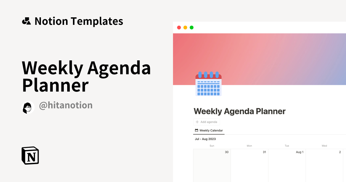 Weekly Agenda Planner Template | Notion Marketplace