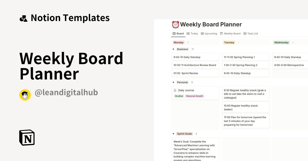 Weekly Board Planner Template by Lean Digital Hub | Notion Marketplace