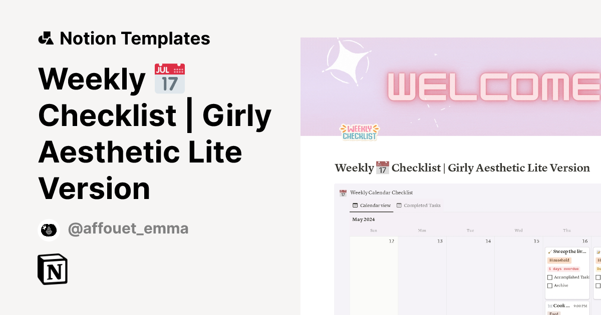 Weekly 📅 Checklist | Girly Aesthetic Lite Version Template by Affouet ...