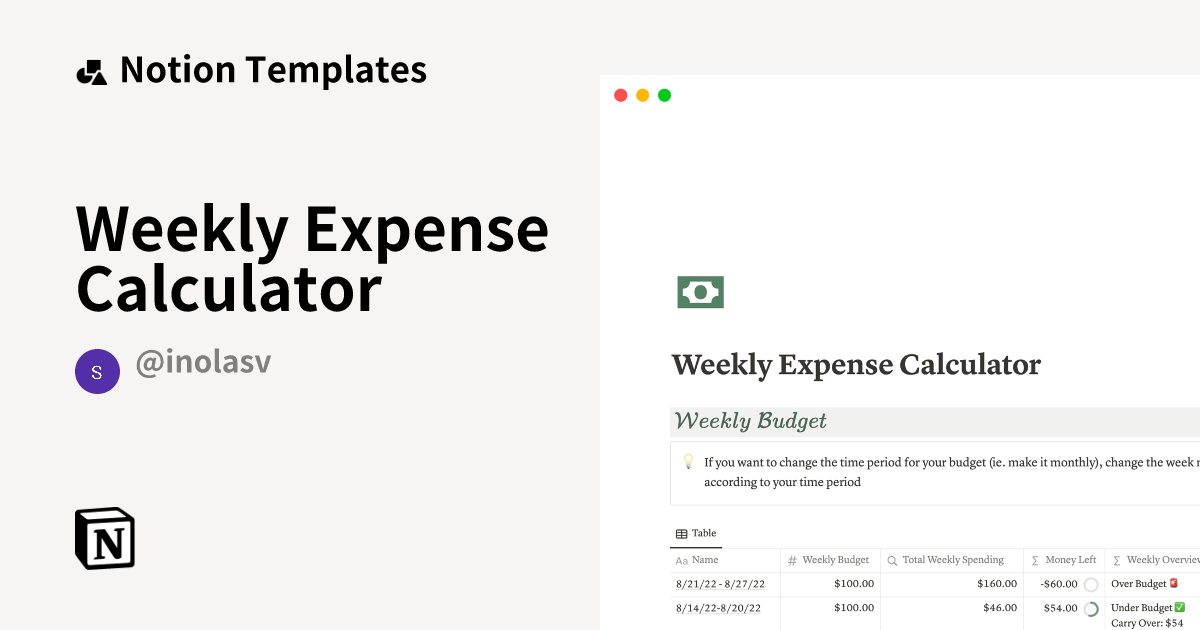 Weekly Expense Calculator Template | Notion Marketplace