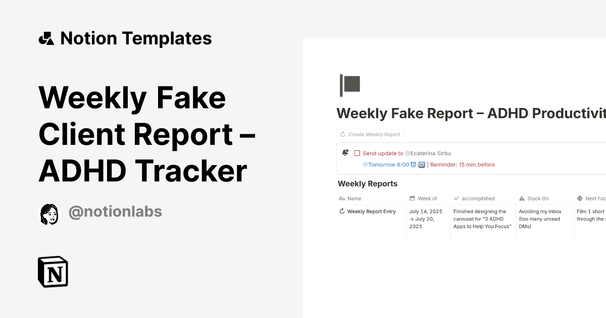 Weekly Fake Client Report – ADHD Tracker Template by Smart Notion ...