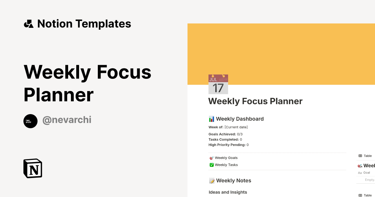 Weekly Focus Planner Template by NevArchi | Notion Marketplace