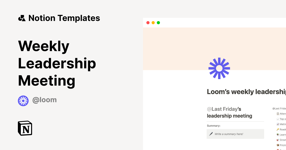 Weekly Leadership Meeting Template by Loom | Notion Marketplace