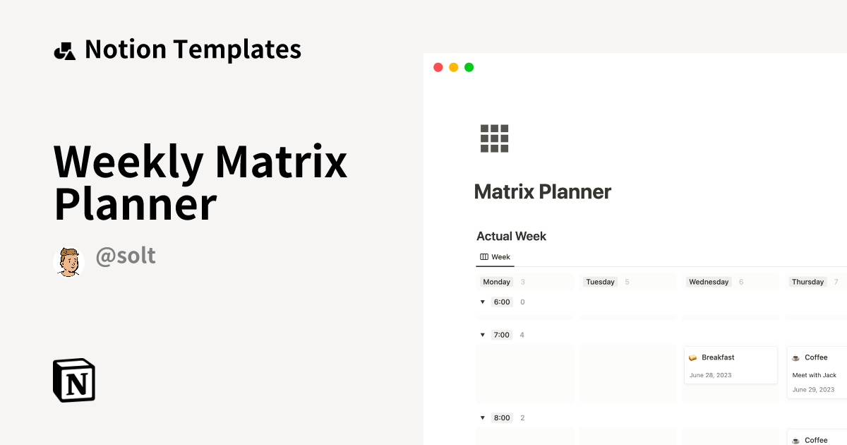 Weekly Matrix Planner Template by Solt Wagner | Notion Marketplace