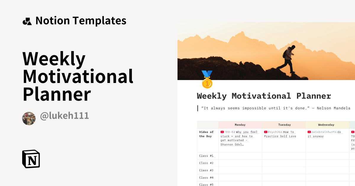 Weekly Motivational Planner Template by Lukeplanz | Notion Marketplace