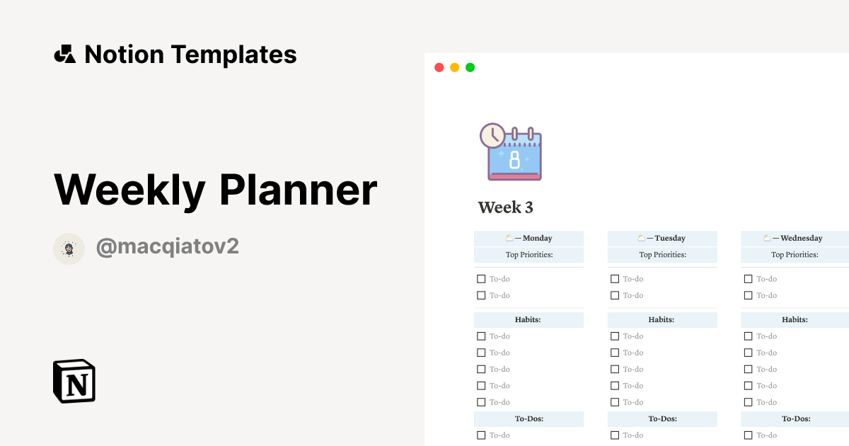 Weekly Planner Template by macqiato | Notion Marketplace