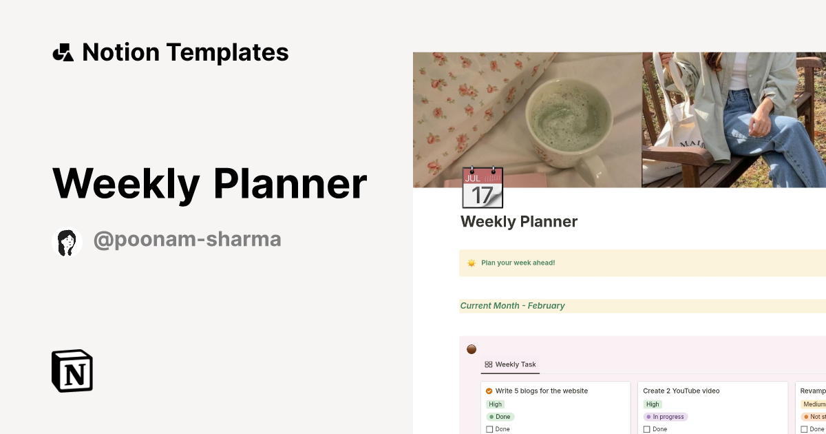 Weekly Planner Template by Poonam Sharma | Notion Marketplace