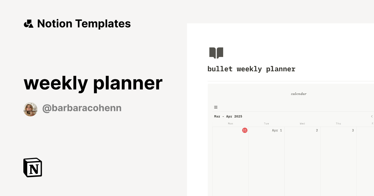 weekly planner Template by Bárbara cohen | Notion Marketplace