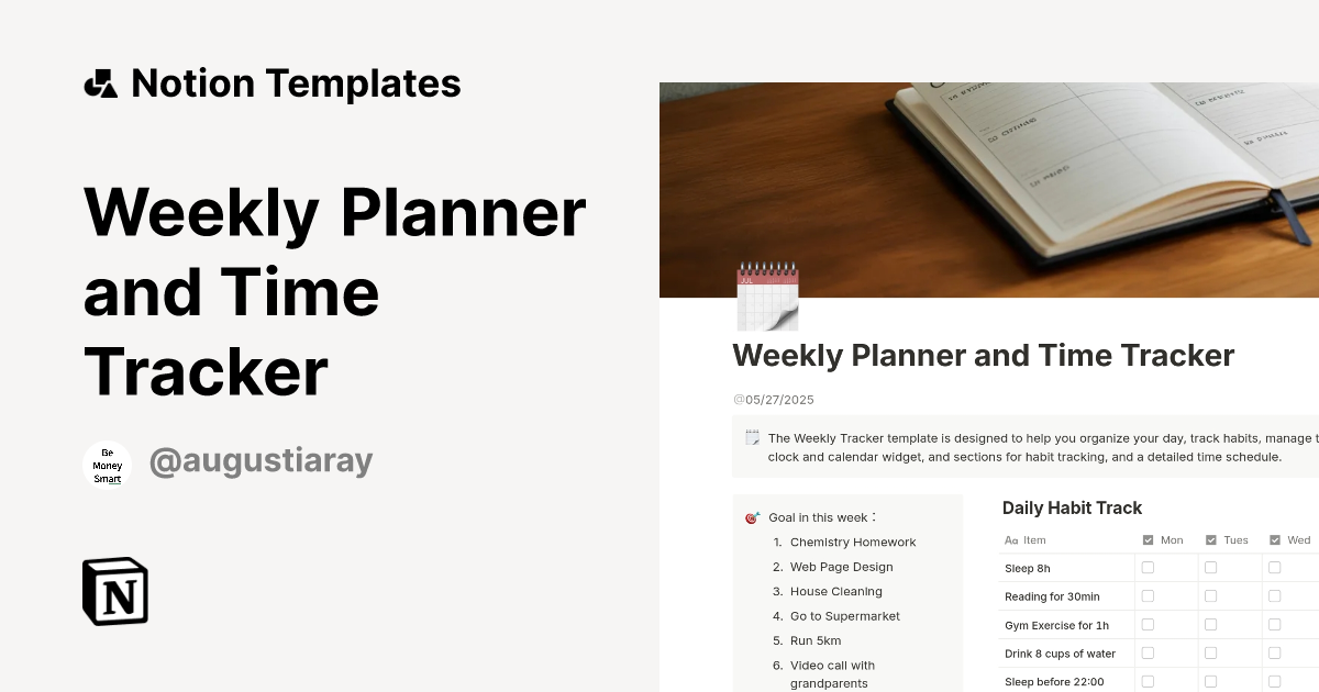 Weekly Planner and Time Tracker Template | Notion Marketplace