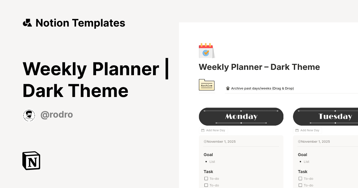 Weekly Planner | Dark Theme Template | Notion Marketplace