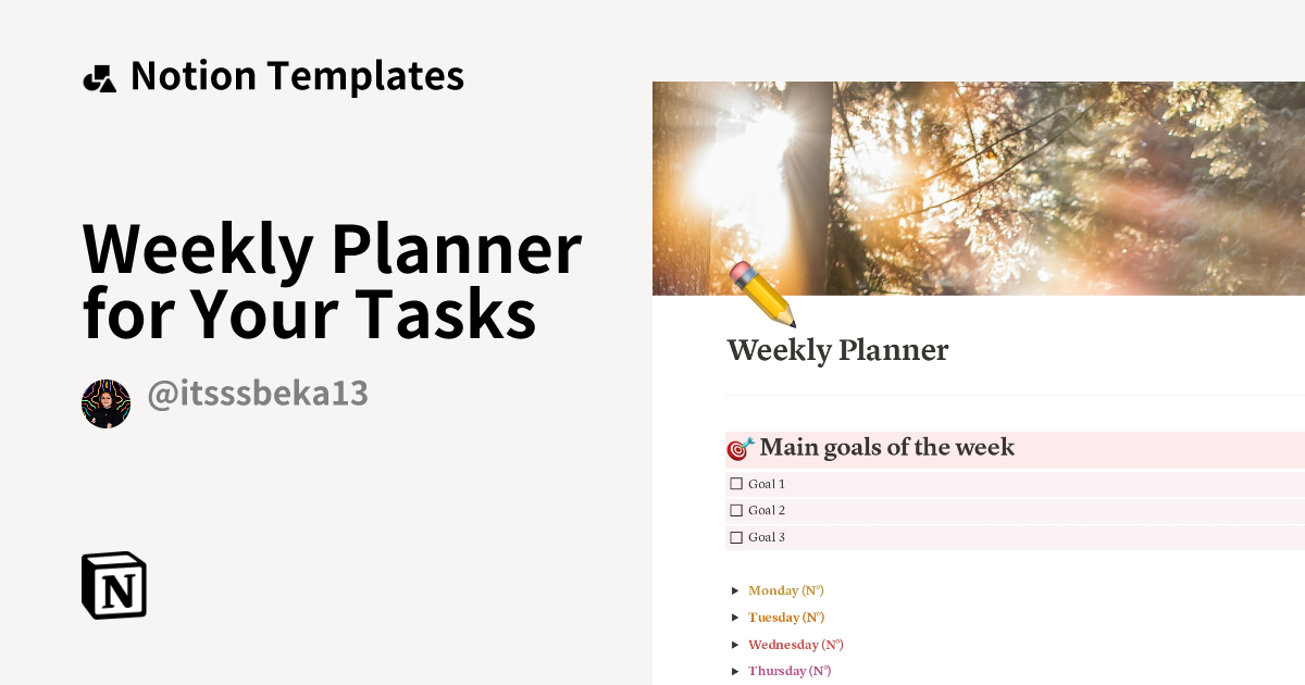 Weekly Planner for Your Tasks Template by Laura Beka | Notion Marketplace