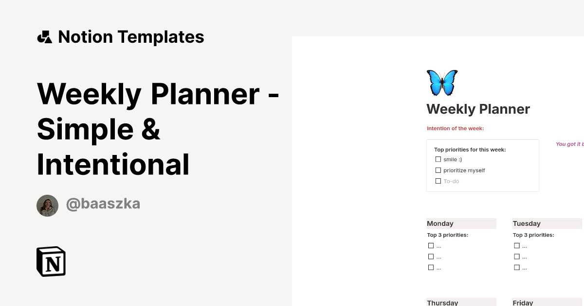 Weekly Planner - Simple & Intentional Template by Baszka | Notion ...
