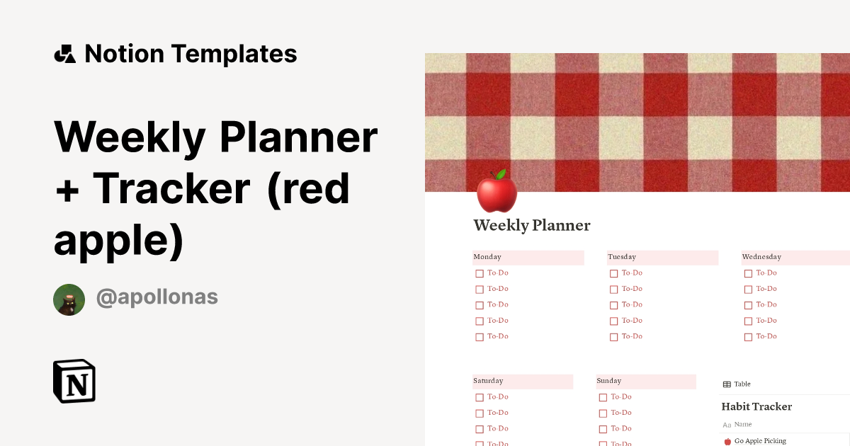 Weekly Planner + Tracker (red apple) Template | Notion Marketplace
