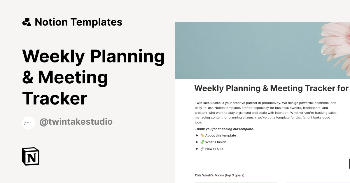 Weekly Planning & Meeting Tracker Template by TWINTAKESTUDIO | Notion ...