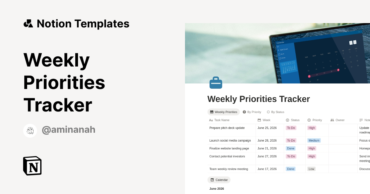 Weekly Priorities Tracker Template by AminaNah | Notion Marketplace