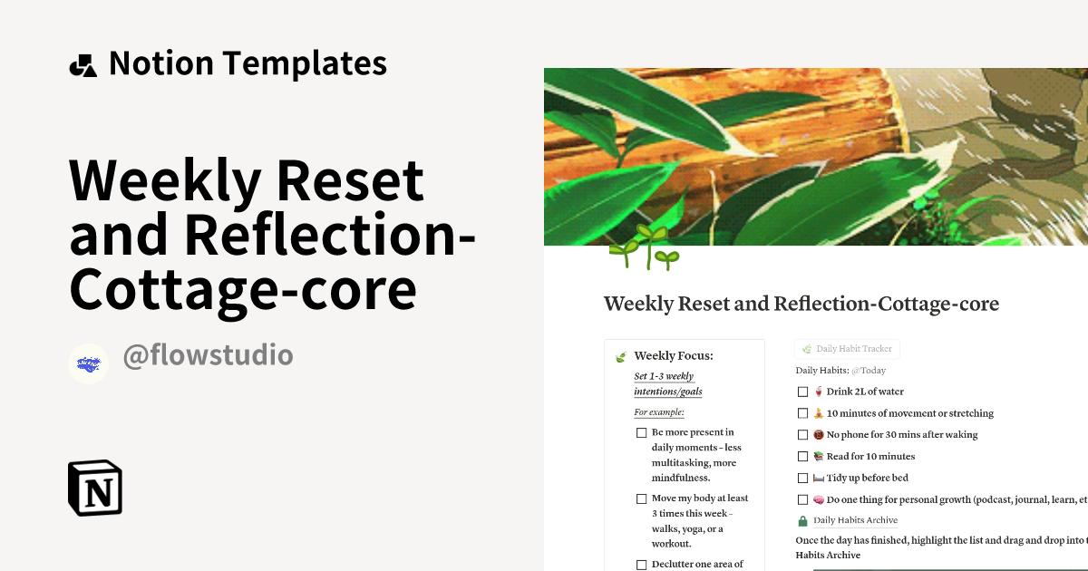 Weekly Reset and Reflection-Cottage-core Template | Notion Marketplace