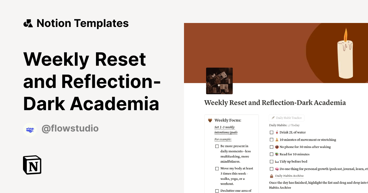 Weekly Reset and Reflection-Dark Academia Template by flowstudio | Notion Marketplace