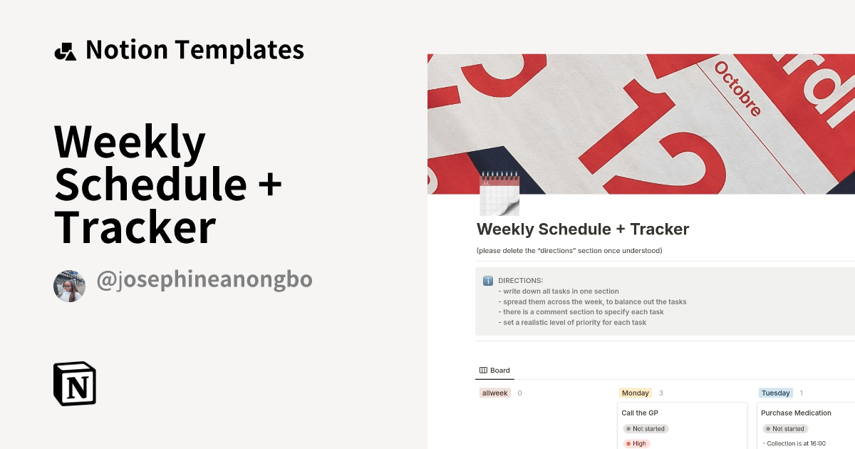Weekly Schedule + Tracker Template by Josephine | Notion Marketplace