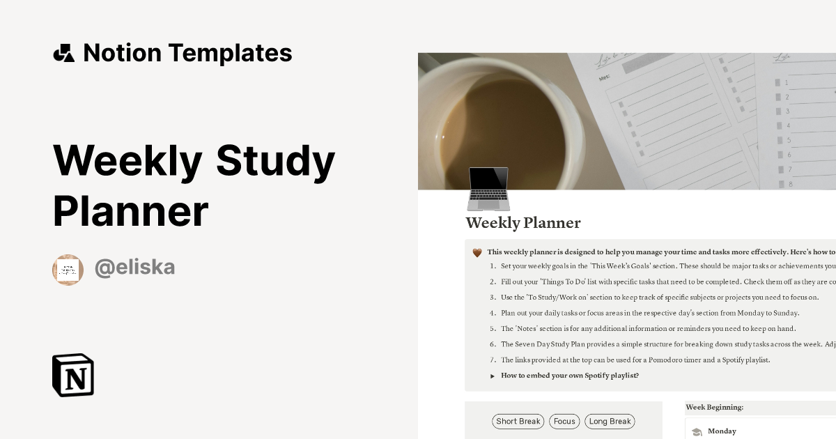 Weekly Study Planner Template | Notion Marketplace