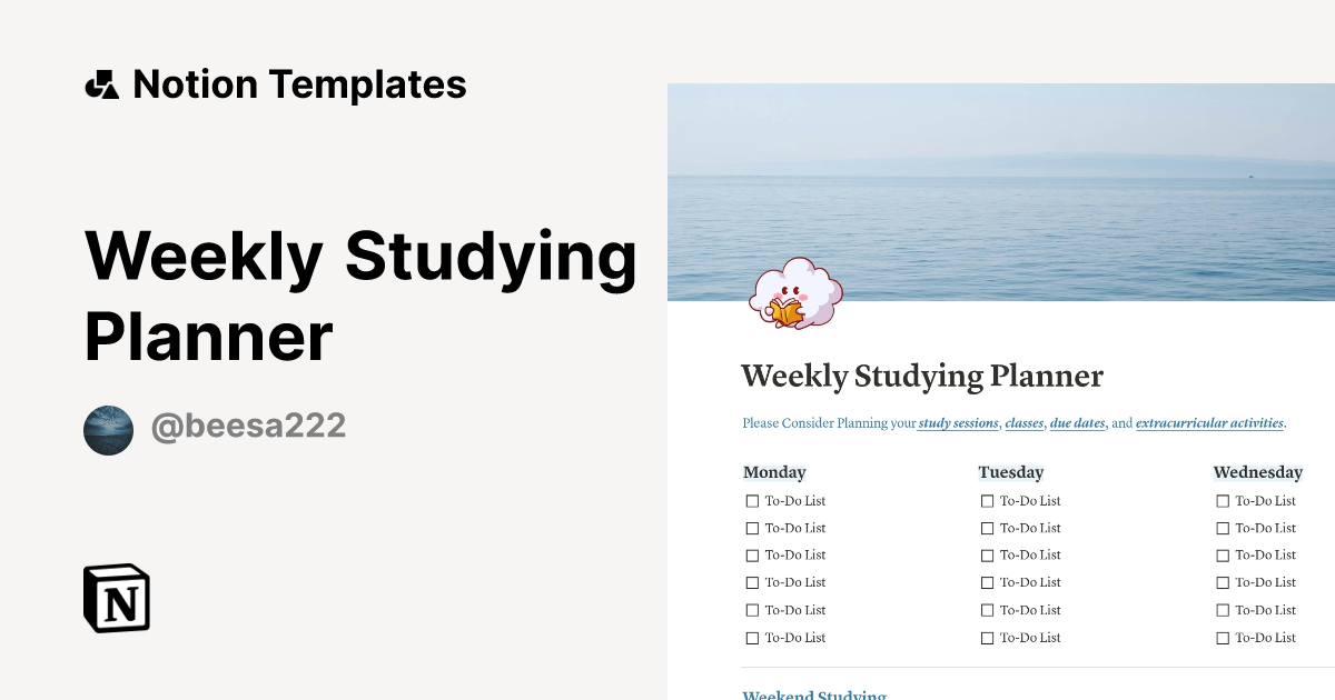 Weekly Studying Planner Template | Notion Marketplace