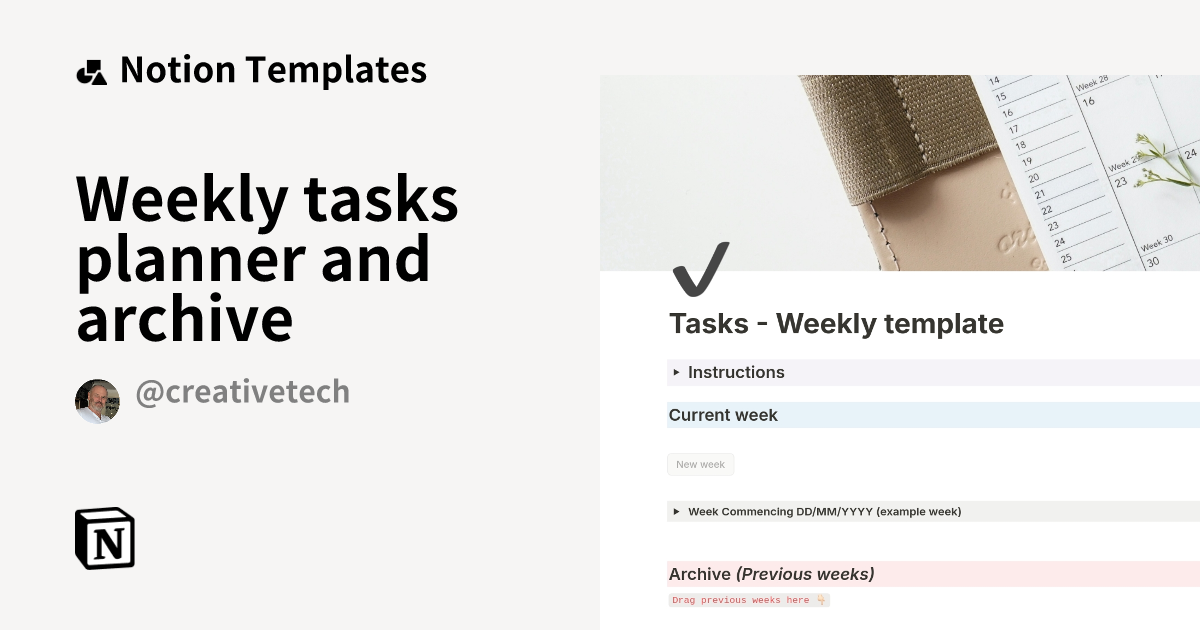 Weekly tasks planner and archive Template by Rowan's Creative Tech ...