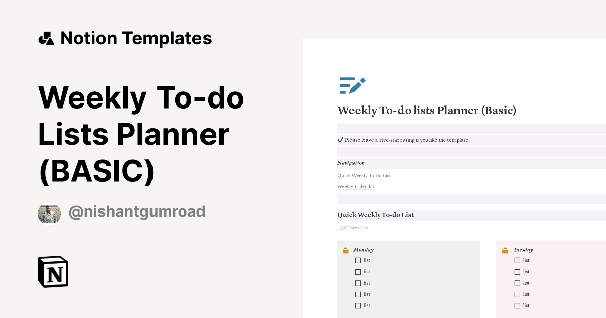 Weekly To-do Lists Planner (BASIC) Template | Notion Marketplace