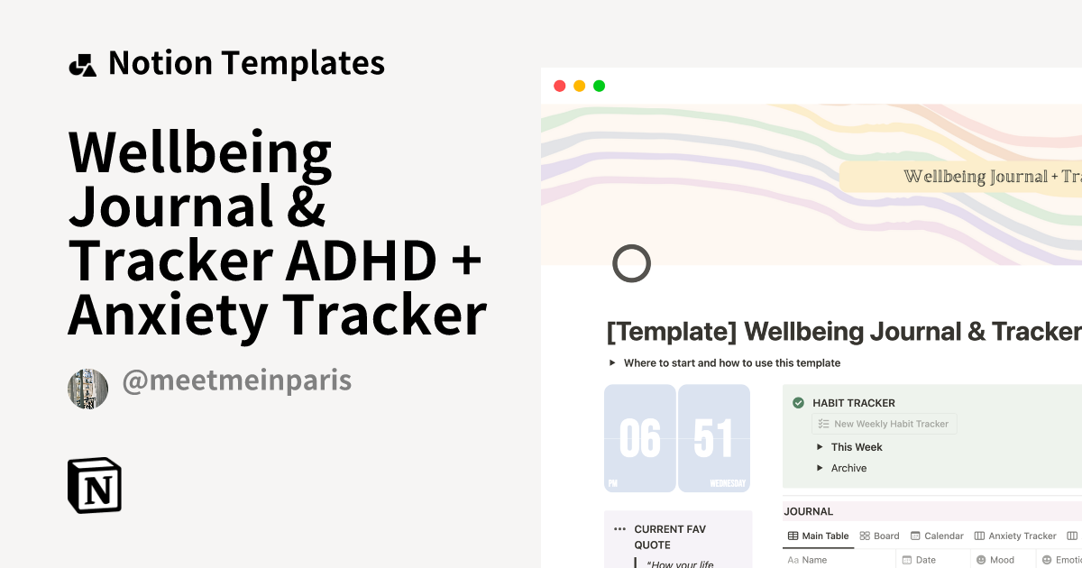 Wellbeing Journal & Tracker ADHD + Anxiety Tracker Template | Notion ...
