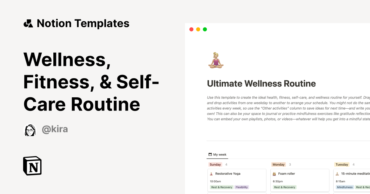 Wellness, Fitness, & Self-Care Routine Template by Kira Klaas | Notion Marketplace