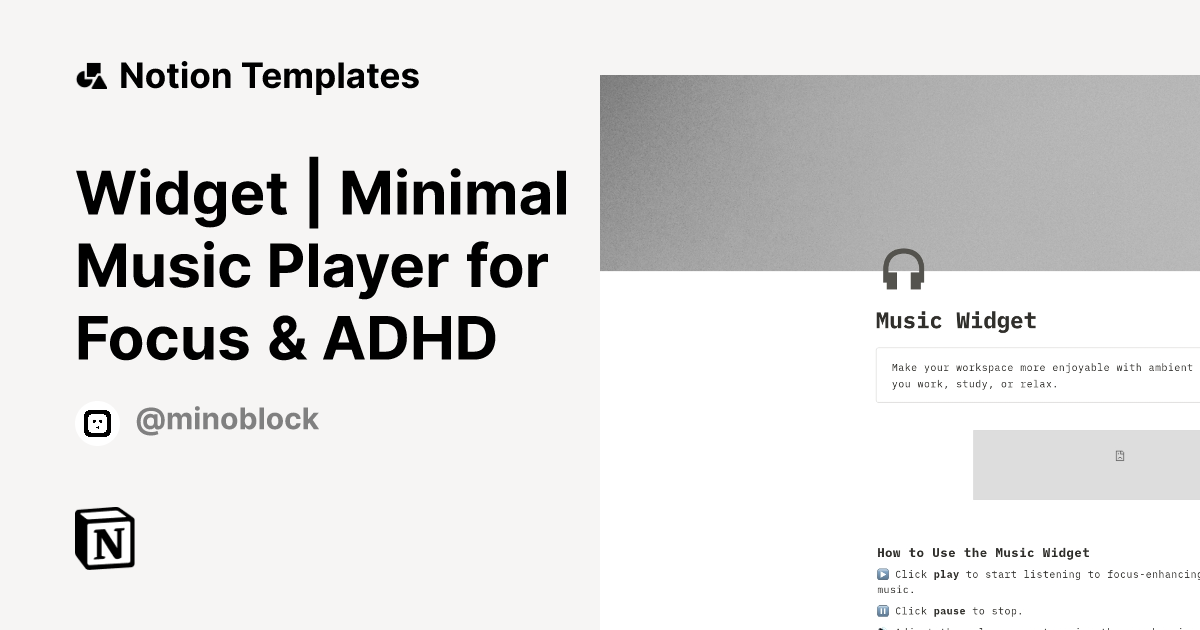 Widget | Minimal Music Player for Focus & ADHD Template | Notion Marketplace