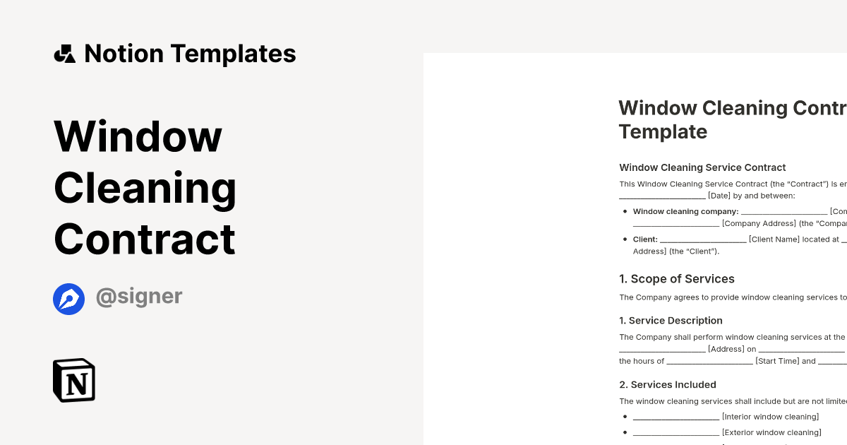 Window Cleaning Contract Template by Signer HQ | Notion Marketplace
