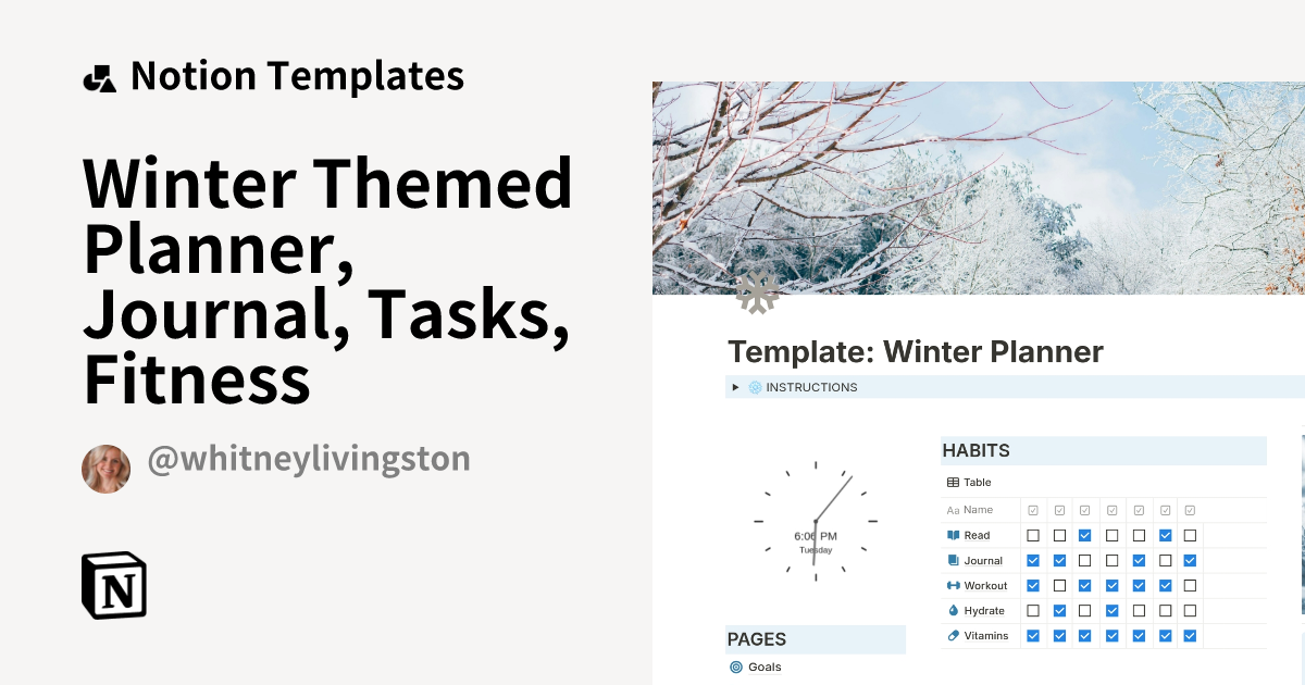 Winter Themed Planner, Journal, Tasks, Fitness Template | Notion ...