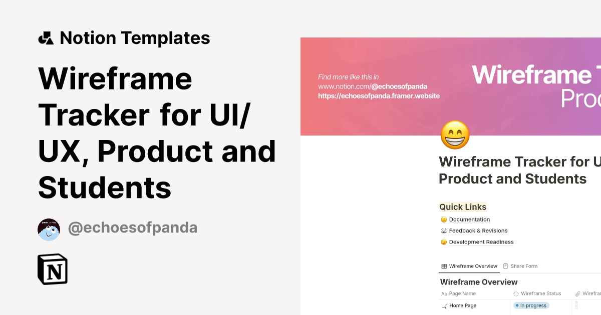 Wireframe Tracker for UI/UX, Product and Students Template by Echoes of Panda🐼 | Notion Marketplace