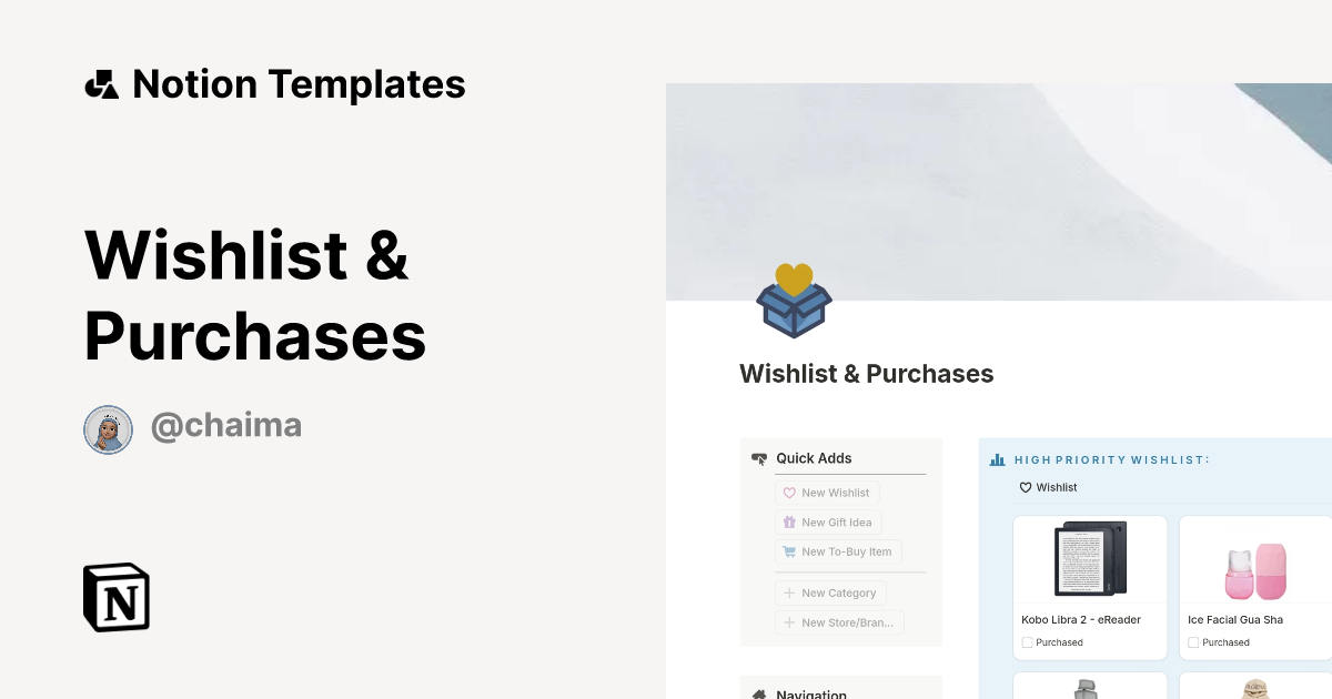 Wishlist & Purchases Template by Chaima Create | Notion Marketplace