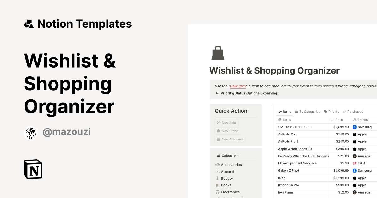 Wishlist & Shopping Organizer Template by Moussa Mazouzi | Notion ...