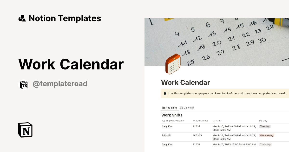 Work Calendar Template | Notion Marketplace