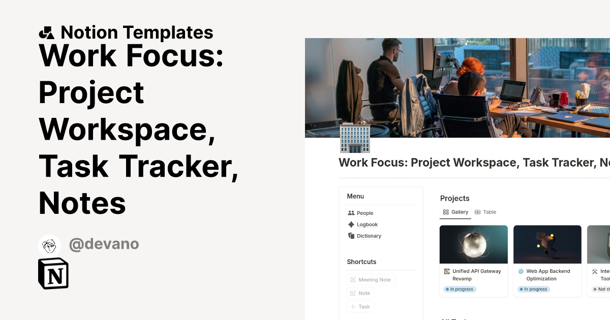 Work Focus: Project Workspace, Task Tracker, Notes Template by Devano ...