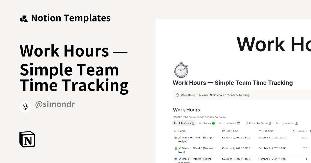 Work Hours — Simple Team Time Tracking Template | Notion Marketplace